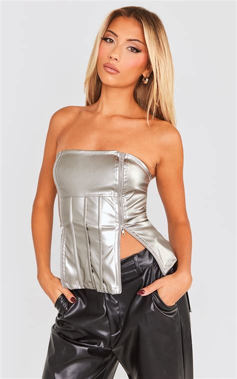 Silver Metallic Pu Bandeau Zip Corset Top Tops Prettylittlething Usa