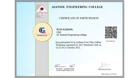 Arduino Workshop Participation And Completion Certificate Organized By Hardware Club Of Asansol