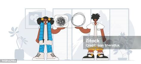 주제 도움말 절망감과 절망감에 사로 잡힌 사람 전문가는 생각의 얽힘을 풀어냅니다 환자는 자신의 생각의 혼란의 바다에서 길을 잃은 것을 보여줍니다 감정에 대한 스톡 벡터 아트