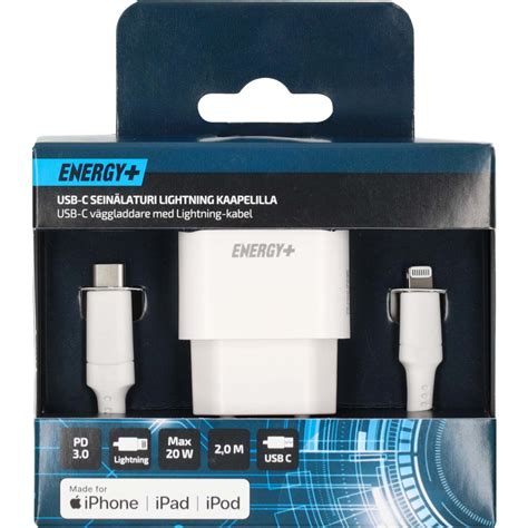 USB Verkkolaturi Energy 1 X USB C PD 20 W Lightning Kaapeli