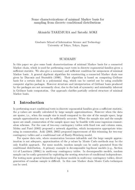 Pdf Some Characterizations Of Minimal Markov Basis For Sampling From Discrete Conditional