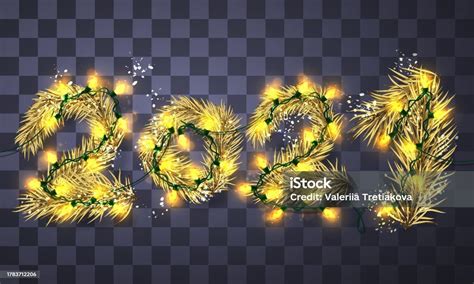 2021 년 포스터 골드 크리스마스 조명 화환 투명 한 배경에 보케와 전나무 나무의 황금 가지 벡터 일러스트 레이 션입니다 새해 복 많이 받으세요 템플릿 장식 휴일 디자인