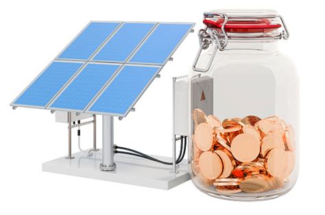 황금 동전으로 가득 찬 유리 항아리가 있는 태양 전지판 에너지 소비 개념 절약 3d 렌더링 3차원 형태에 대한 스톡 사진 및 기타 이미지 Istock