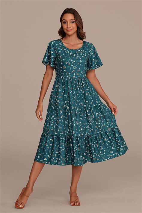 Blue Floral Short Sleeve Round Neck Tiered Midi Dress Petallush
