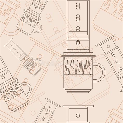 Outline Style Aeropress Coffee Maker Vector Illustration Seamless