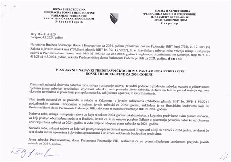 Plan Javnih Nabavki Parlament Federacije Bosne I Hercegovine Predstavnički Dom