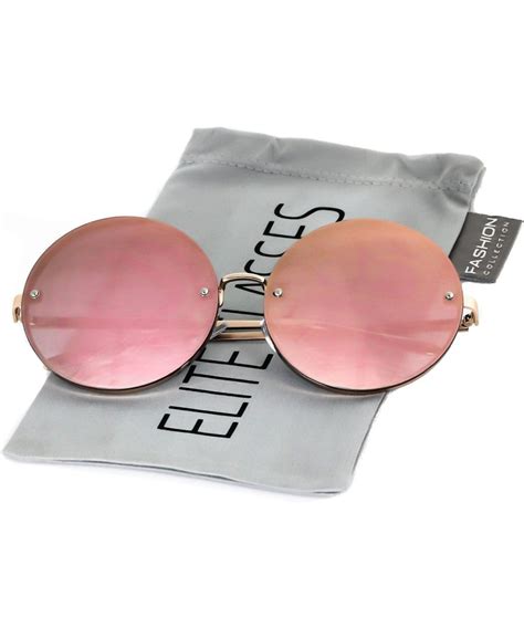 Womens Oversize Rimless Slim Arms Pink Mirrored Round Sunglasses Gold