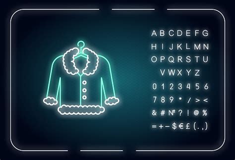 옷걸이 네온 라이트 아이콘에 코트 아우터웨어 세탁 세탁 서비스 모피 섬세한 드라이 클리닝 외부 빛나는 효과 알파벳 숫자 및 기호로 서명합니다 벡터 격리 Rgb 색상 그림