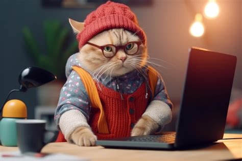 Premium Ai Image Cat Designer In A Knitted Hat And Glasses Working On