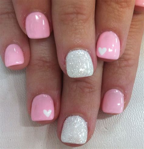 White Heart On Light Pink And Glitter Nails Design With Rhinestones Heart Nails Valentines Nails