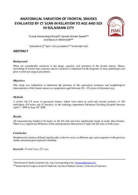 Pdf Anatomical Variation Of Frontal Sinuses Evaluated By Ct Scan In