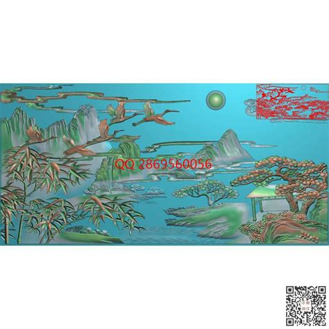 山水ss 033山水精雕图 松鹤竹子松树迎客松精雕图浮雕图电脑雕刻图北京精雕山水