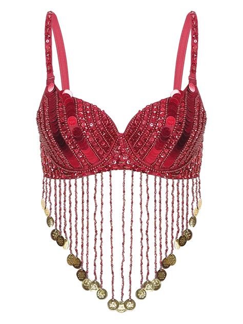 Yruioon Womens Belly Latin Dance Bra Shiny Sequins Tassels Underwired