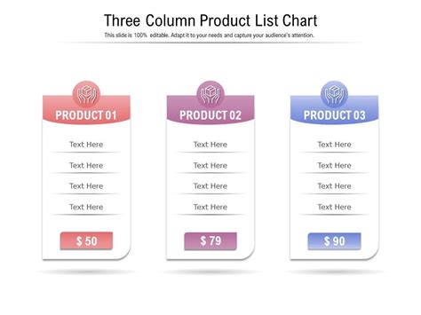 Three Column Product List Chart Ppt Powerpoint Presentation Infographic Template Design Ideas Pdf