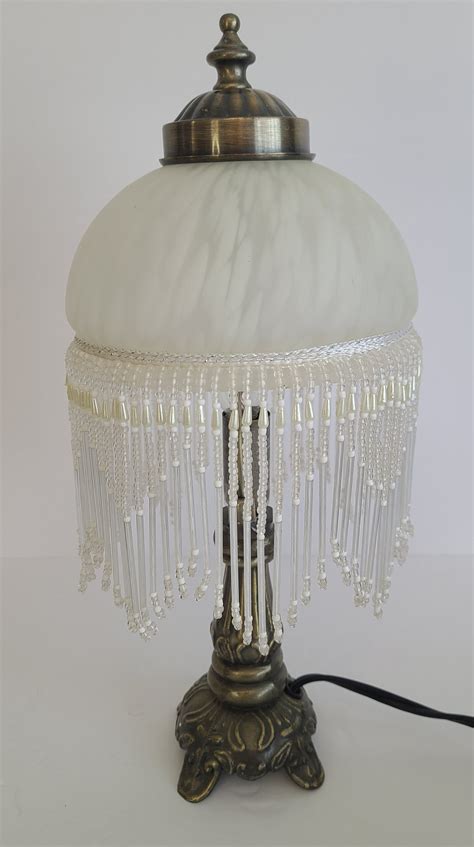 Vintage Frosted Glass Fringe Dome Beaded Shade Bedside Boudoir Accent