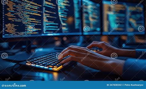 Hands In Work At Laptop Keyboard With Blank Monitor Screen Work Place