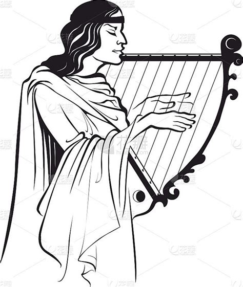 女孩竖琴师。向量轮廓。