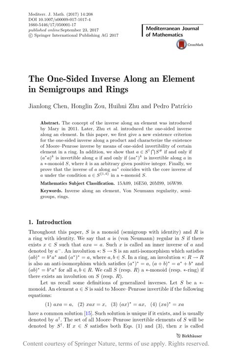 The One Sided Inverse Along An Element In Semigroups And Rings Request Pdf