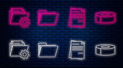 Set Line Document Folder File Document Folder Settings With Gears And Scotch Glowing Neon Icon