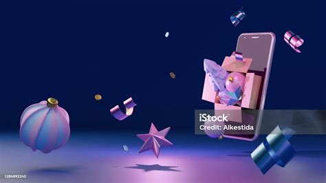 스마트 폰 화면에서 날아 오는 골판지 상자는 진한 파란색 배경에 크리스마스 볼 별 색종이가 떨어지는 3d 일러스트레이션을 보여줍니다 렌더링 새해와 크리스마스를 위한 인사말