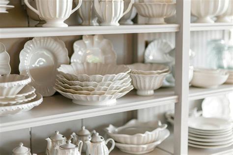 Dishware Set In White Shelving Unit Tableware Shelf Kitchen Interior