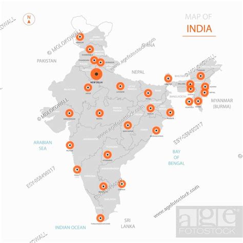 Stylized Vector India Map Showing Big Cities Capital New Delhi Stock