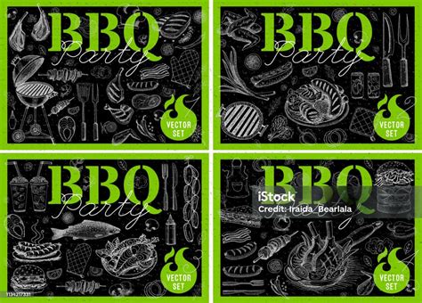 세트 Bbq 바베 큐 그릴 포스터 요소 구운 음식 소시지 치킨 감자 튀김 스테이크 물고기 바베 큐 바 야채 파티 환영 합니다