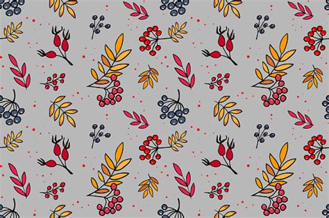 회색 배경에 블루베리와 로완의 가지와 벡터 원활한 패턴 섬유 포장지 인사말 카드 및 계절가을 맞이하는 초대를 위해 손으로 그린 반복배경 건강한 생활방식에 대한 스톡 벡터