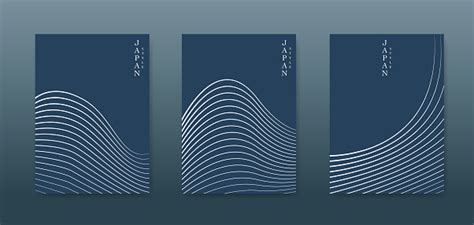 일본 풍경 배경 세트 카드 화이트 라인 웨이브 패턴 벡터 일러스트 레이 션 블루 럭셔리 추상 템플릿 기하학적 물결 모양 텍스처입니다 동양 스타일의 산 레이아웃 디자인 수직