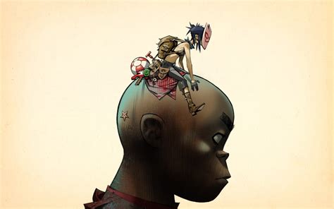 Female Character On Giants Head Digital Wallpaper Gorillaz Noodle