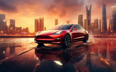 Un Gros Plan Dune Tesla Modèle 3 Rouge Conduisant Sur Une Route