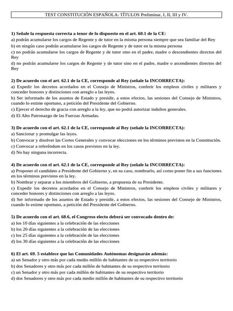 Test Constitución Española Títulos Preliminar 1 2 3 4 Y 5 Pdf