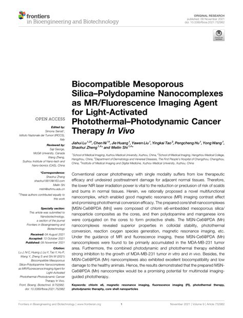 Pdf Biocompatible Mesoporous Silicapolydopamine Nanocomplexes As Mrfluorescence Imaging