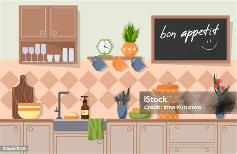 현대 부엌의 조각 캐비닛 및 선반 테이블 위의 주방 용품 커피 포트와 컵 식기와 유리잔 쿠키가 담긴 그릇 싱크대와 접시 가구에 대한 스톡 벡터 아트 및 기타 이미지 Istock