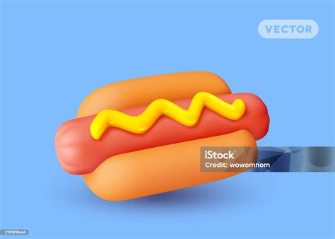 로스트 소시지의 벡터 그림 에서 에서 롤빵 와 그림자 와 파란색 배경에 겨자 소스를 곁들인 현실적인 핫도그의 3d 스타일 만화 디자인 길거리 고기 패스트 푸드 0명에 대한