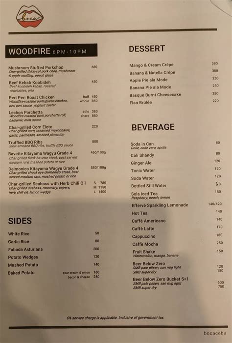 Menu At BOCA Restaurant Mandaue City