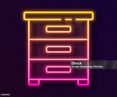 검은 색 배경에 격리 된 문서 아이콘과 빛나는 네온 라인 서랍 아카이브 서류 서랍 파일 캐비닛 서랍 사무용 가구 벡터