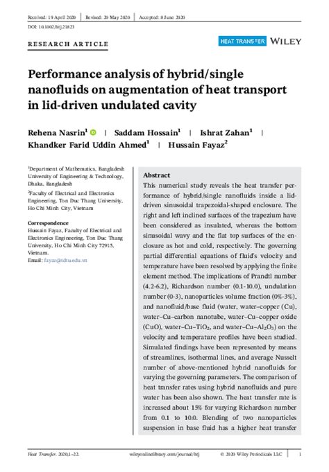 Pdf Performance Analysis Of Hybrid Single Nanofluids On Augmentation Of Heat Transport In Lid