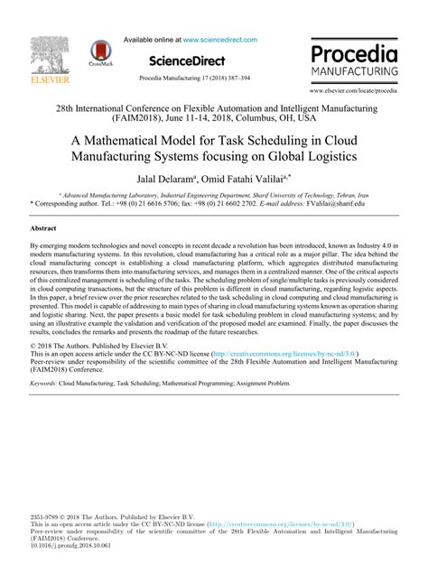 Pdf A Mathematical Model For Task Scheduling In Cloud Manufacturing