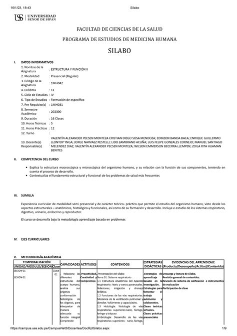 Sílabo Estructura Y Función Ii 20230 Facultad De Ciencias De La Salud