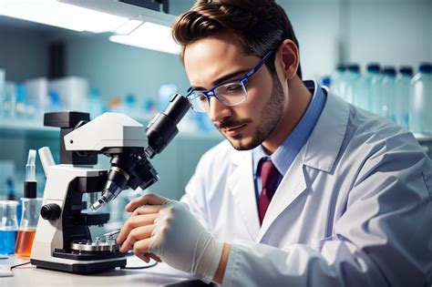 Premium Photo Chemist Is Analyzing Sample In Laboratory With Microscope