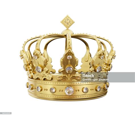 고립된 배경에 유리 다이아몬드가 있는 3d 왕실 황금 왕관 질감 있는 킹 골드 크라운 3d 렌더링 그림입니다 3차원 형태에 대한 스톡 사진 및 기타 이미지 Istock