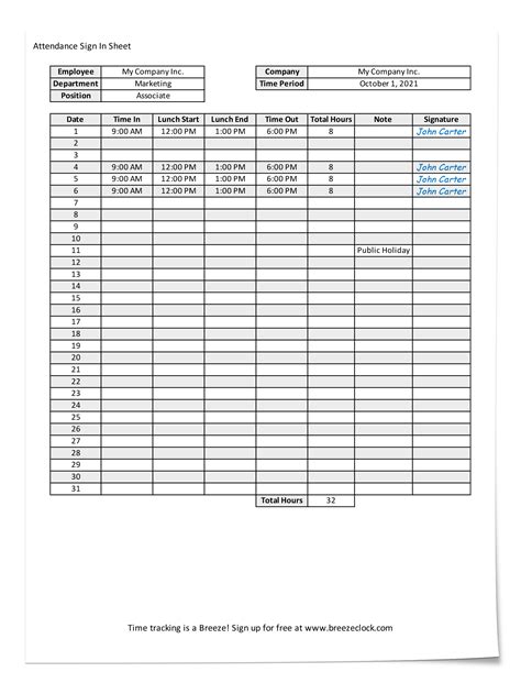 Free Attendance Sheet Template Breeze Clock