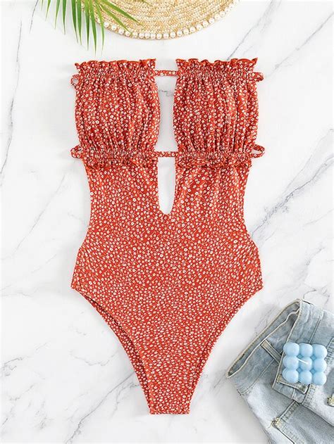 Maiô bandeau uma peça impressão floral dits acabamento de folho cortar fora acabamento de folho