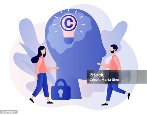 저작권 지적 재산권 상표로 아이디어의 법적 정보를 보호하는 작은 저자 데이터 라이선스 거래 현대 플랫 만화 스타일 흰색 배경의 벡터 그림 개념에 대한 스톡 벡터 아트 및