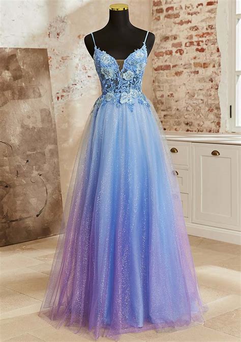 A Line V Neck Sleeveless Floor Length Tulle Prom Dress With Appliqued