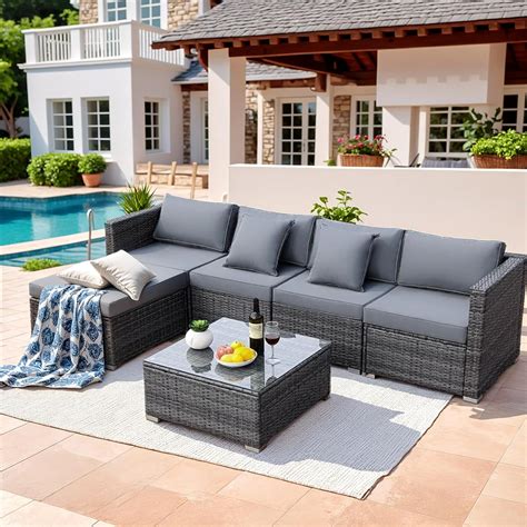 6pcs Conjunto Jardin Exterior De Ratán Para 7 Personas Muebles Jardin Exterior Con 8cm Cojines