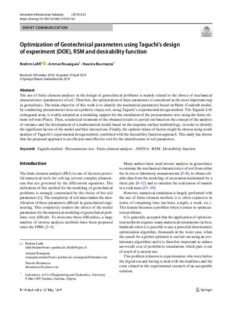 Pdf Optimization Of Geotechnical Parameters Using Taguchis Design Of Experiment Doe Rsm