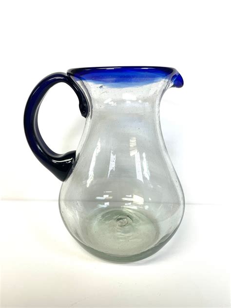 Vintage Hand Blown Recycled Art Glass Margarita Water Pitcher Cobalt