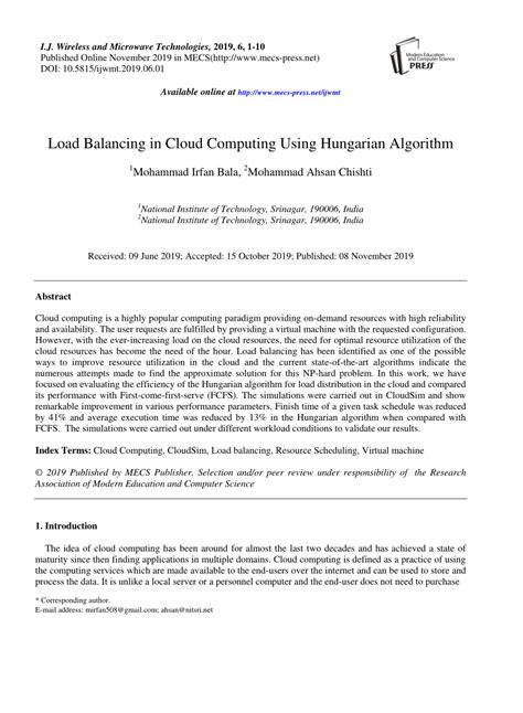 Pdf Load Balancing In Cloud Computing Using Hungarian Algorithm